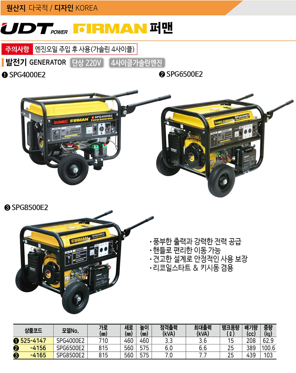 UDT 퍼맨 가솔린 발전기 단상 220V SPG4000E2 시리즈