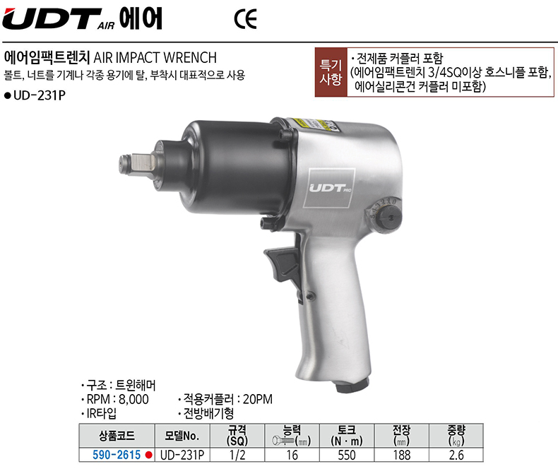 UDT 에어임팩트렌치 UD-231P 전방배기형